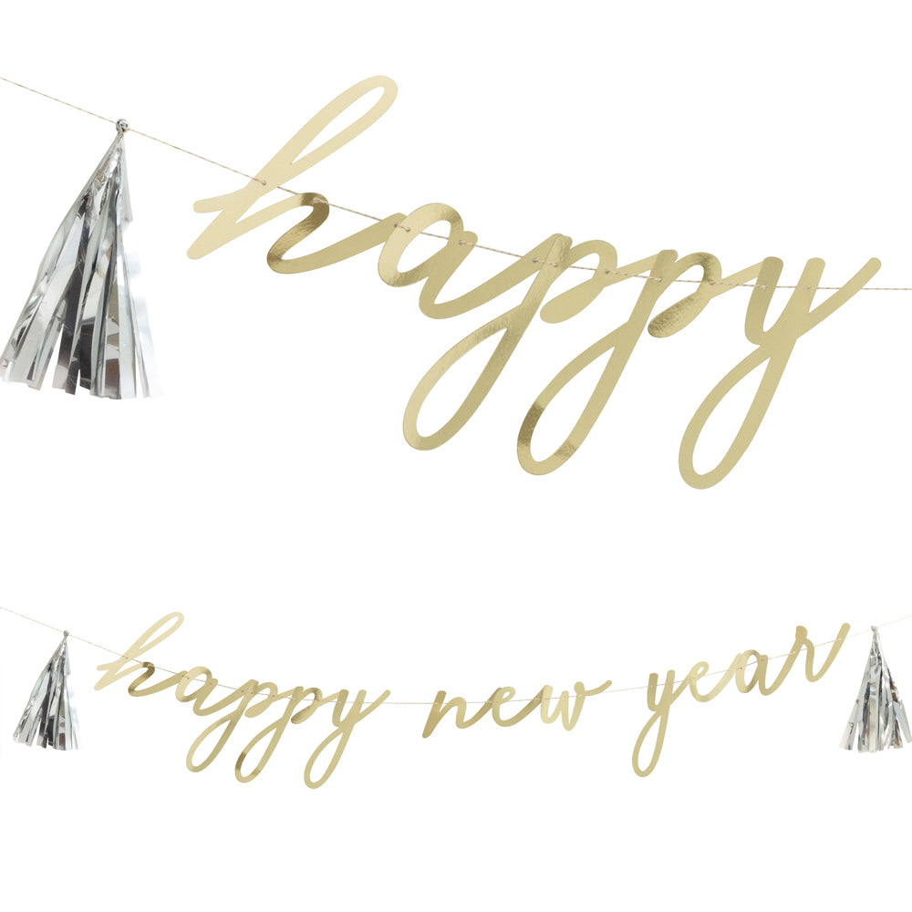 Gold Happy New Year Letter Banner With Tassels - 2.74m – Party Packs
