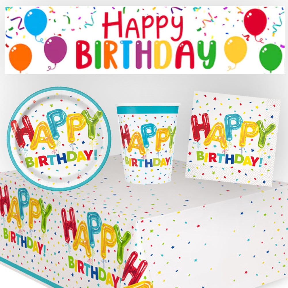 Colourful Balloons Happy Birthday Tableware Pack For 8 With FREE Banne ...