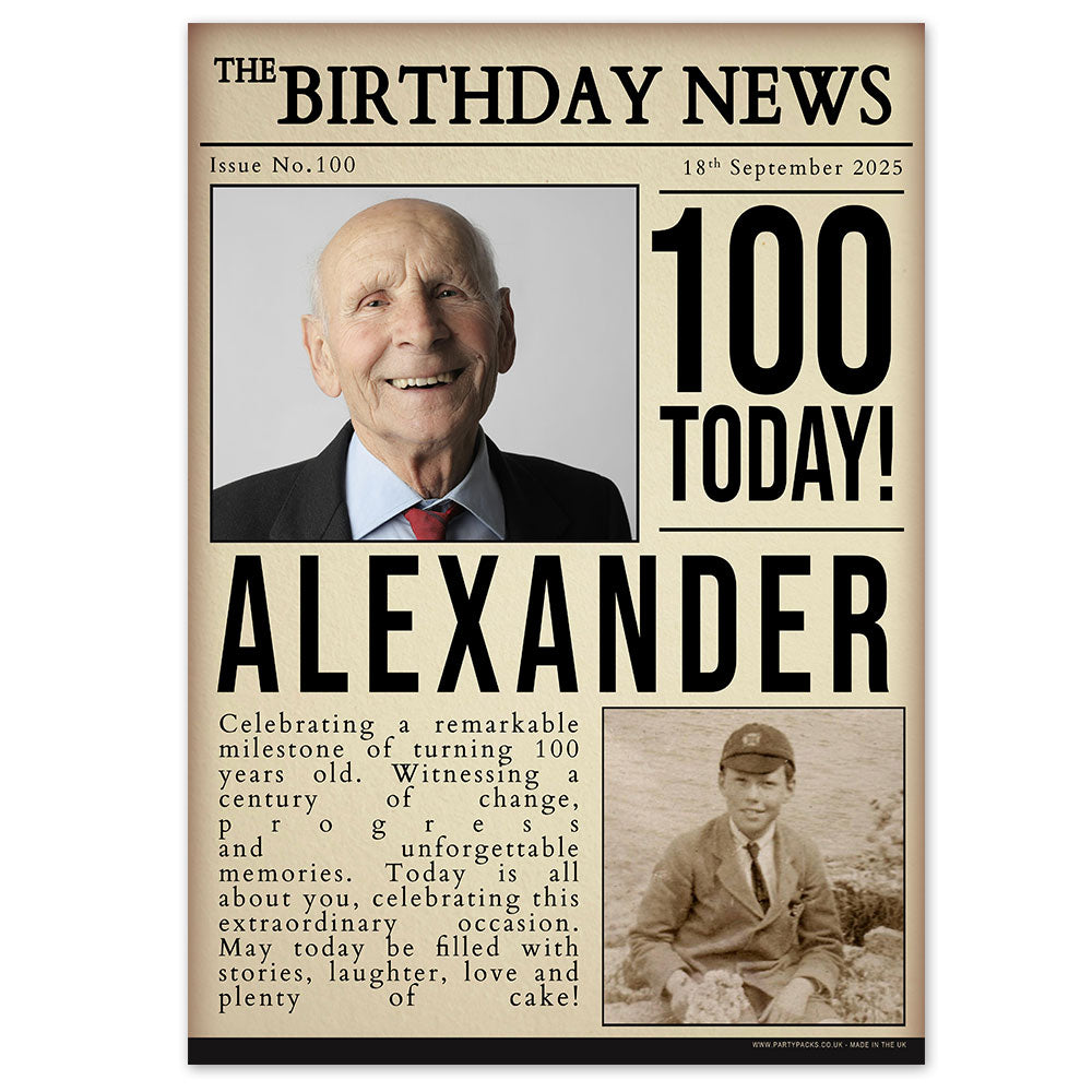 Personalised 100th Birthday Newspaper Poster - A3 – Party Packs