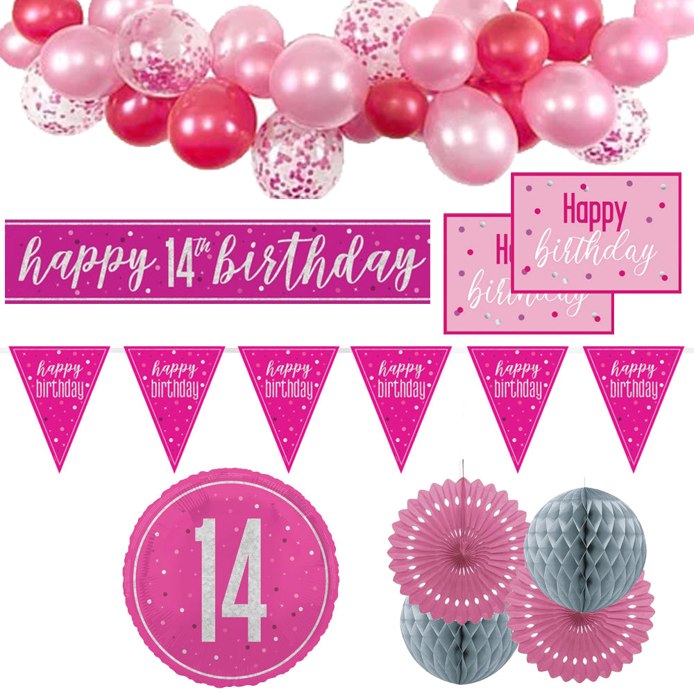14th Birthday Pink & Silver Decoration Pack | Party Packs