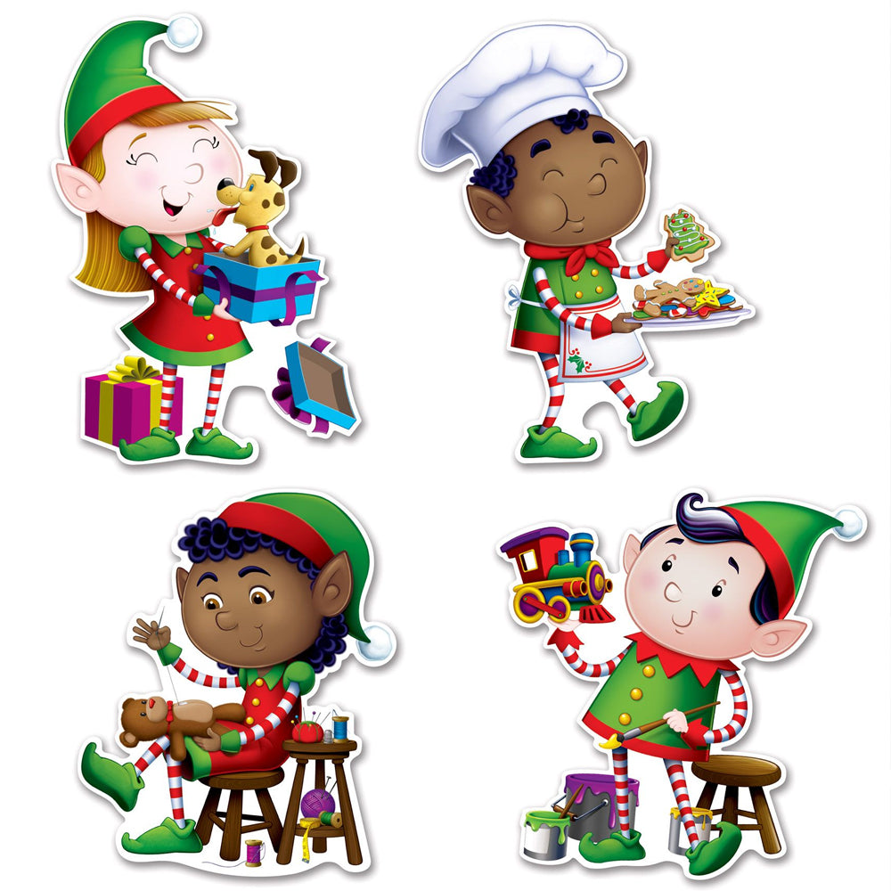 Christmas Elves Cutouts Pack of 4 - Festive Holiday Wall Decorations ...