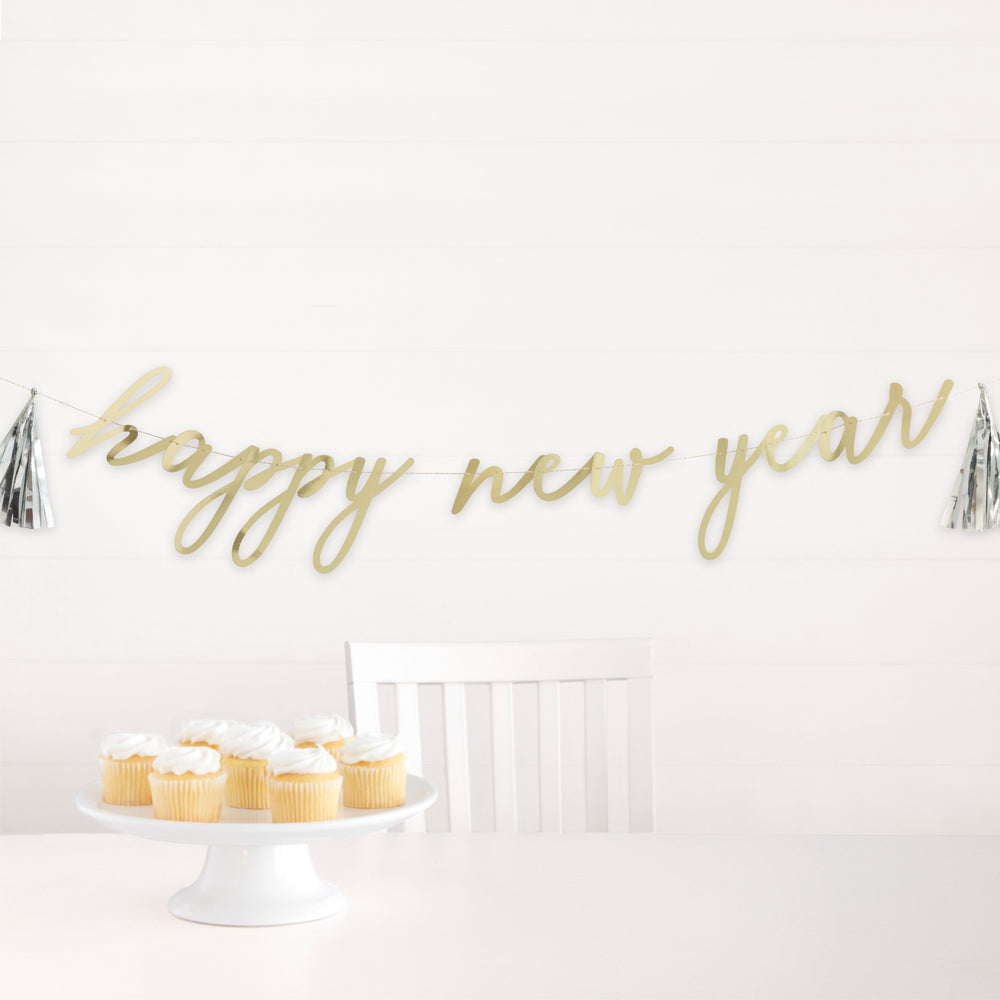 Gold Happy New Year Letter Banner With Tassels - 2.74m – Party Packs
