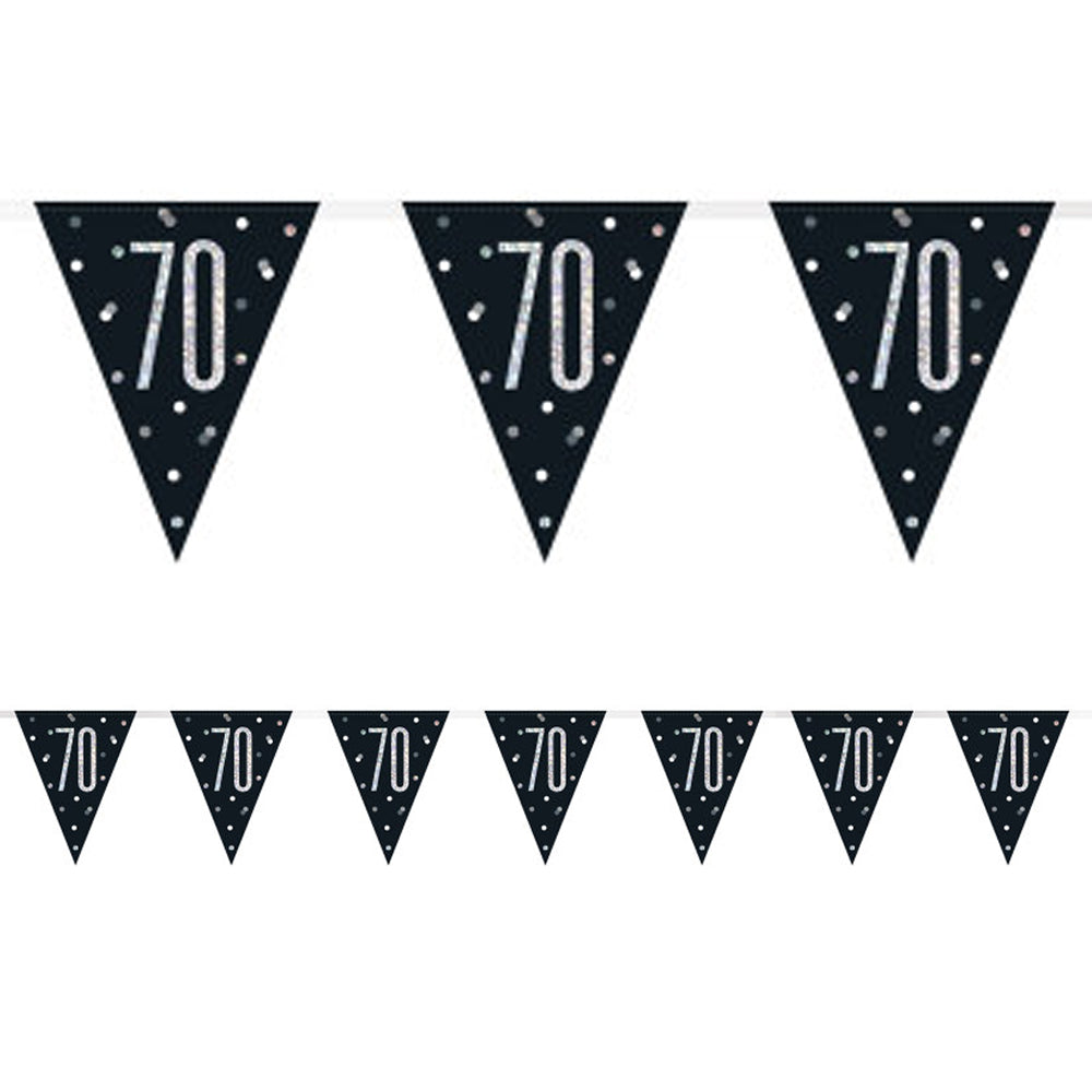 Birthday Glitz Black & Silver 70th Flag Bunting - 2.7m | Party Packs