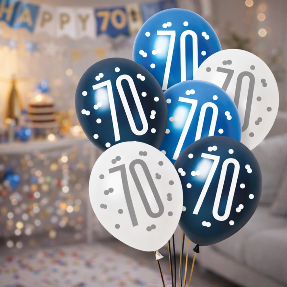 Birthday Glitz Blue 70th Pearlised Latex Balloons | Party Packs