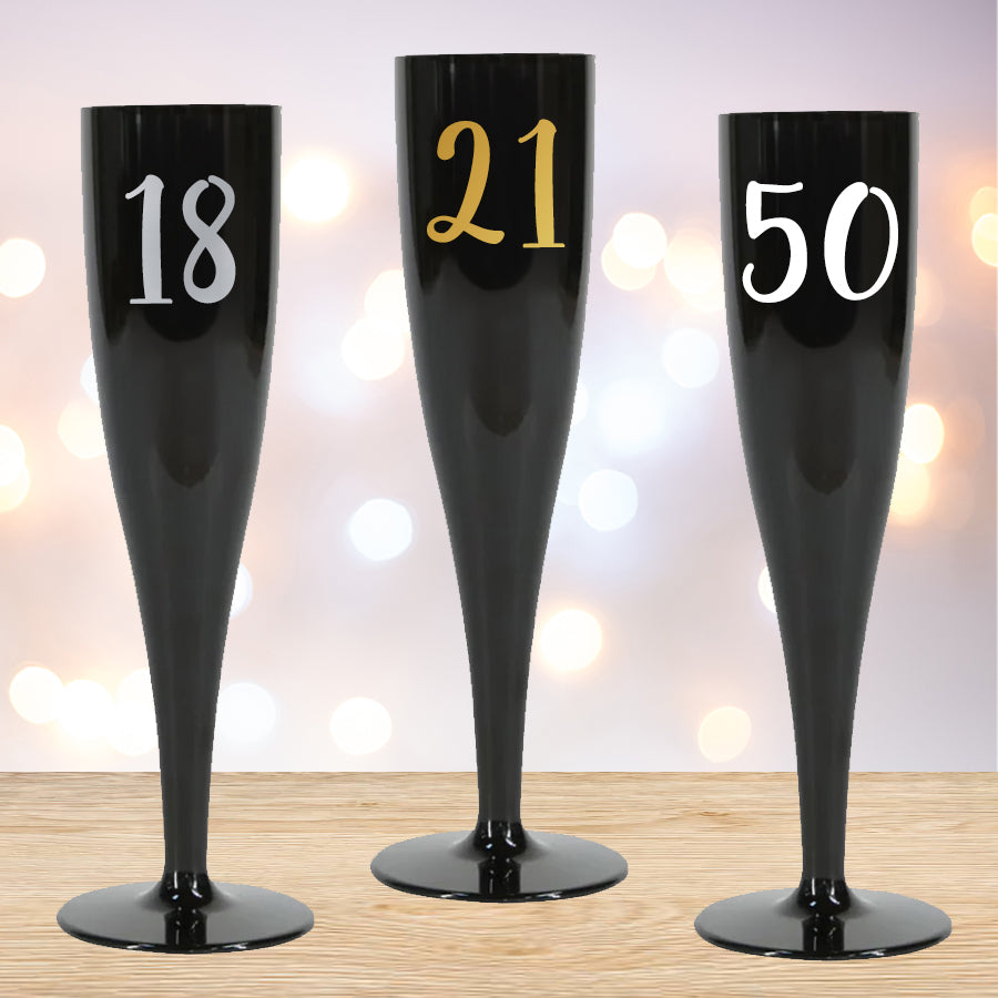 Personalised Age Black Champagne Flute Glass - Custom Text Colour 175ml ...