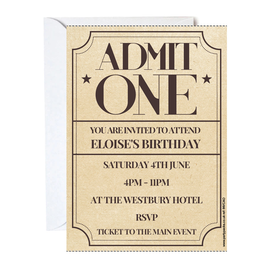 Admit One Vintage Effect Personalised Invitations | Party Packs