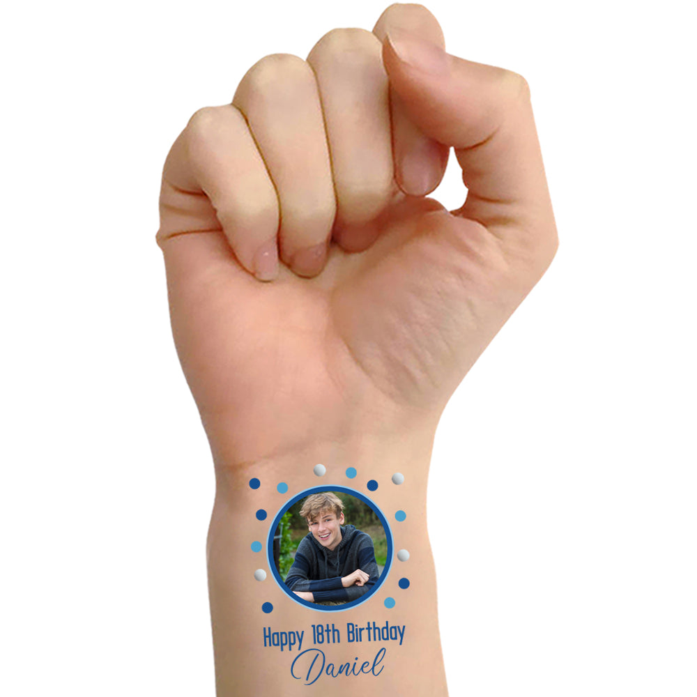 Birthday Glitz Blue Personalised Photo Tattoos – Pack of 16 – Party Packs