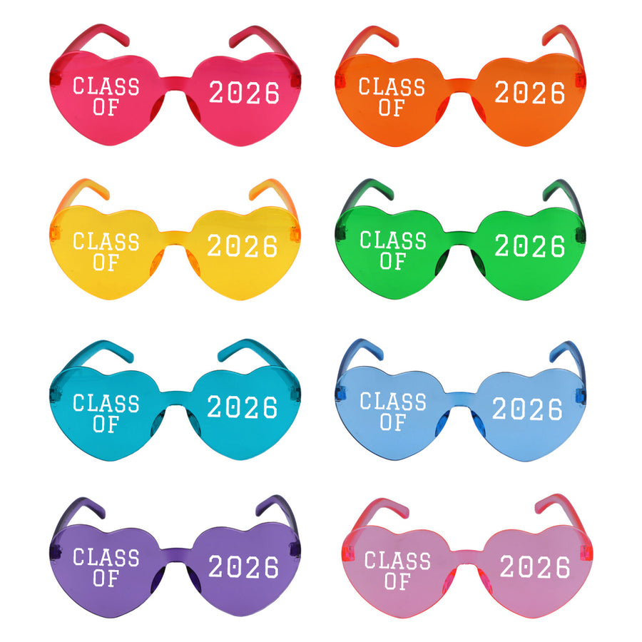 Class of 2026 Heart Shape Glasses Assorted Colours Pack of 8 | Party Packs