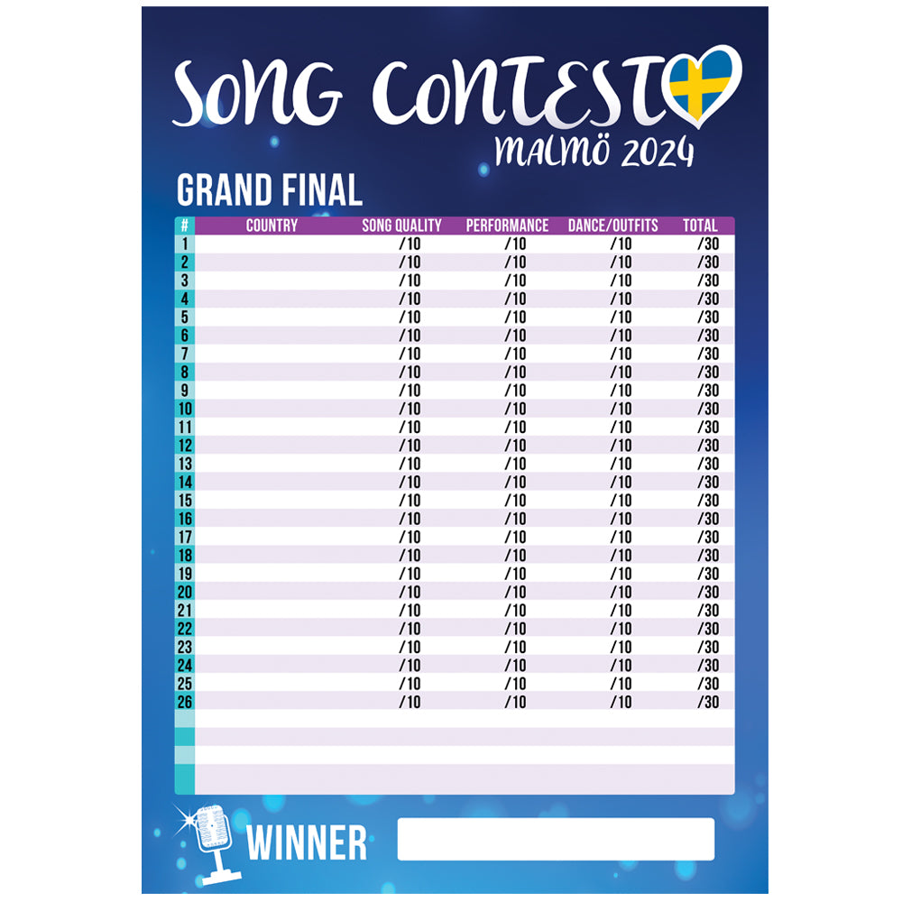 Song Contest Score Sheet Poster - A3 | Party Packs