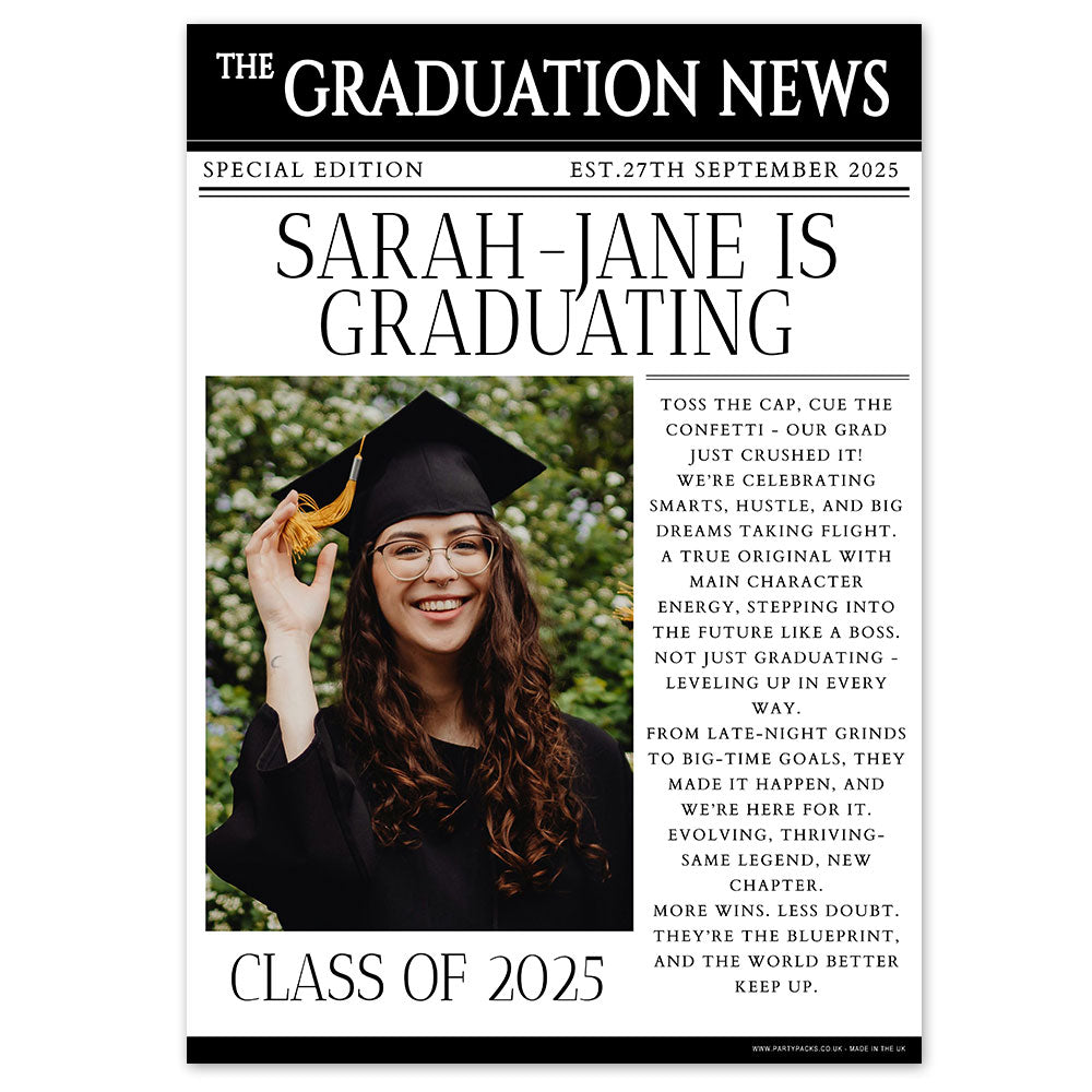 Personalised Graduation Newspaper Poster A3 | Party Packs