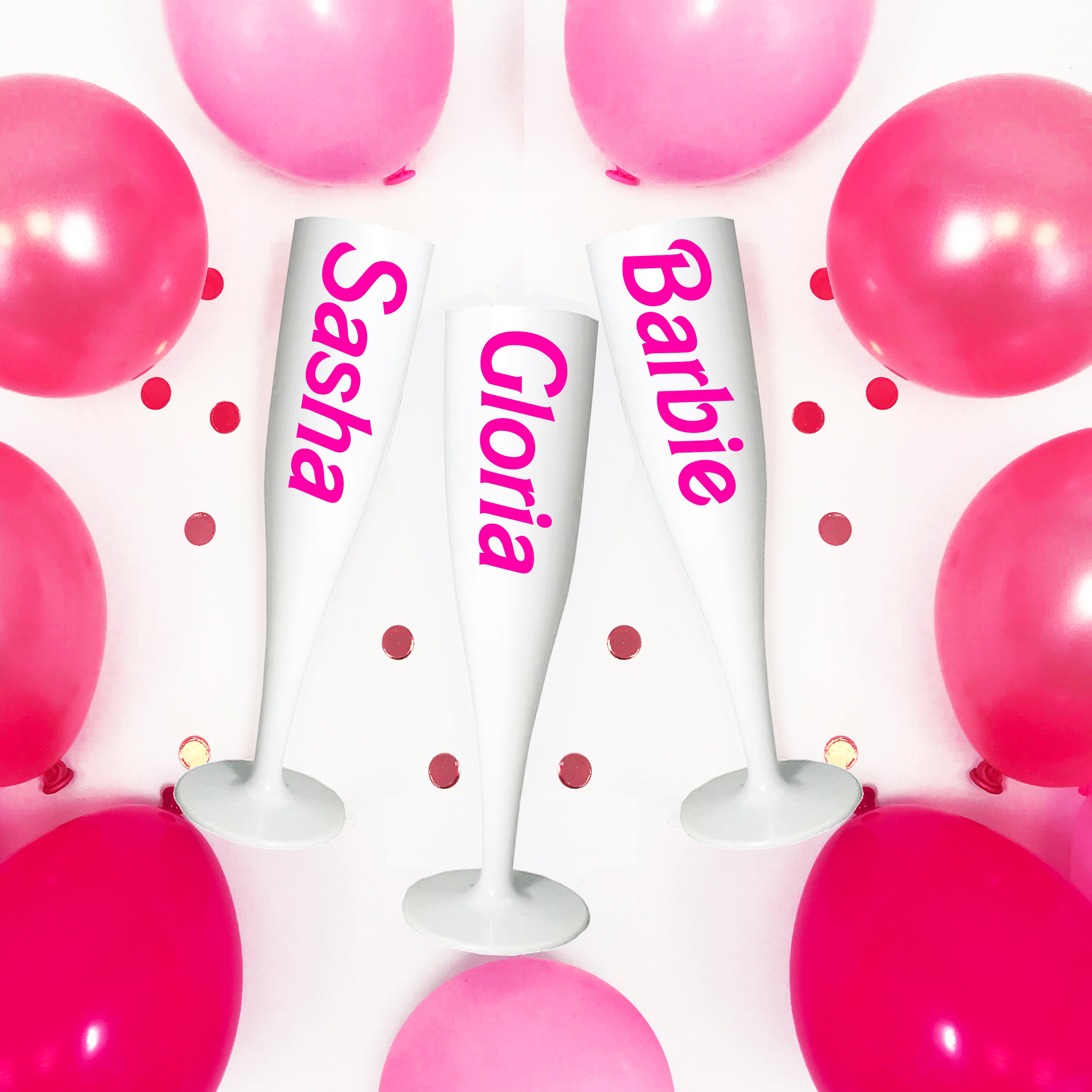 Pink Text Personalised Champagne & Prosecco Flute Glass White – Party Packs