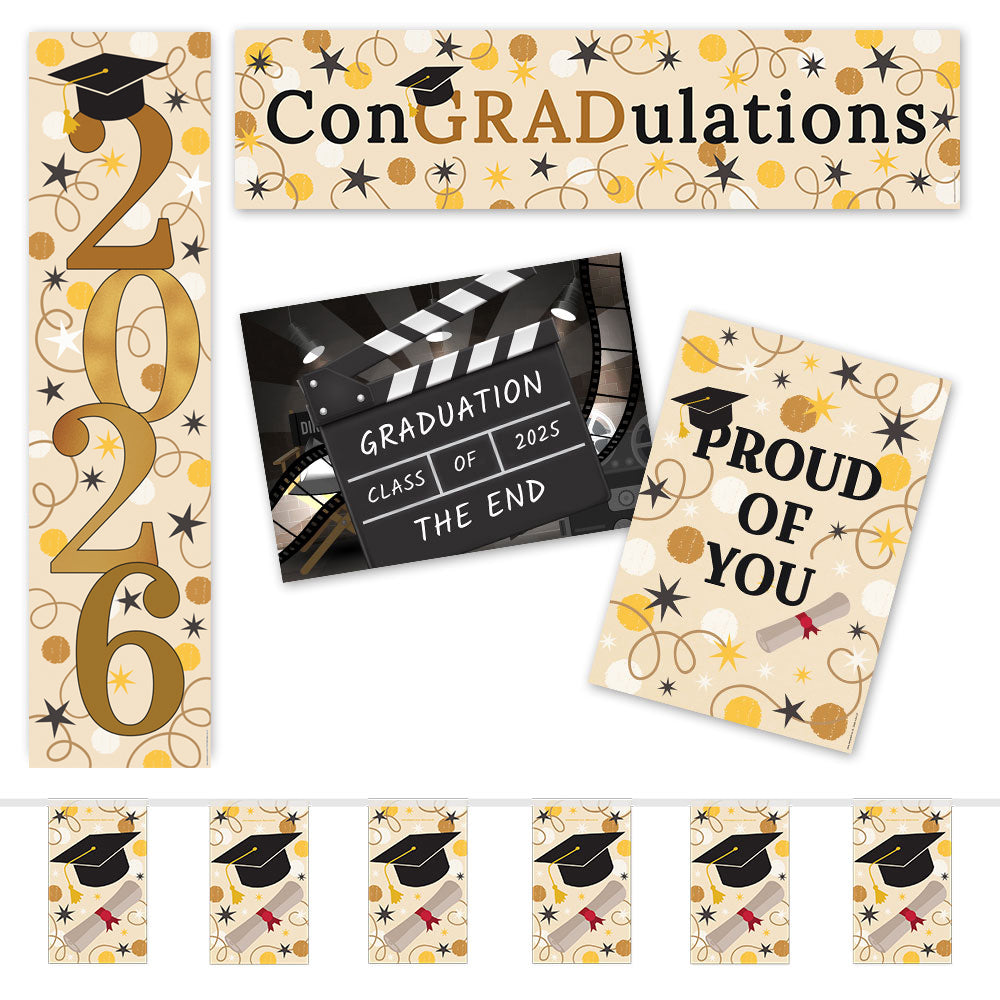 Graduation 2026 Star and Swirls Paper Decorations - Party Packs