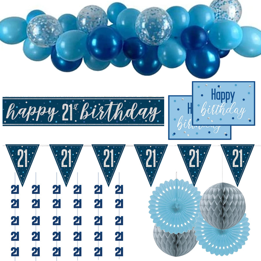 21st Birthday Blue & Silver Decoration Pack | Party Packs