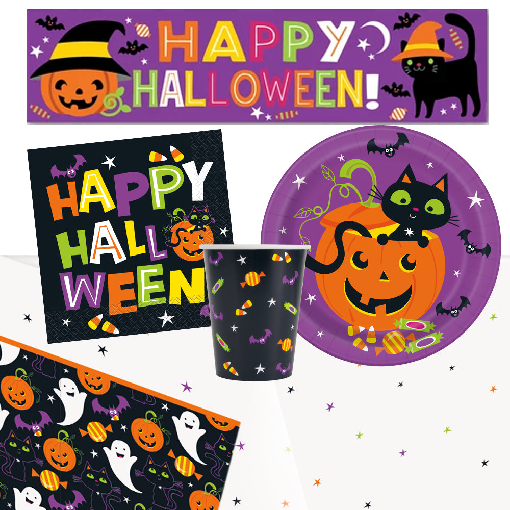 Cat & Pumpkin Halloween Tableware Pack for 8 with FREE Banner! – Party ...