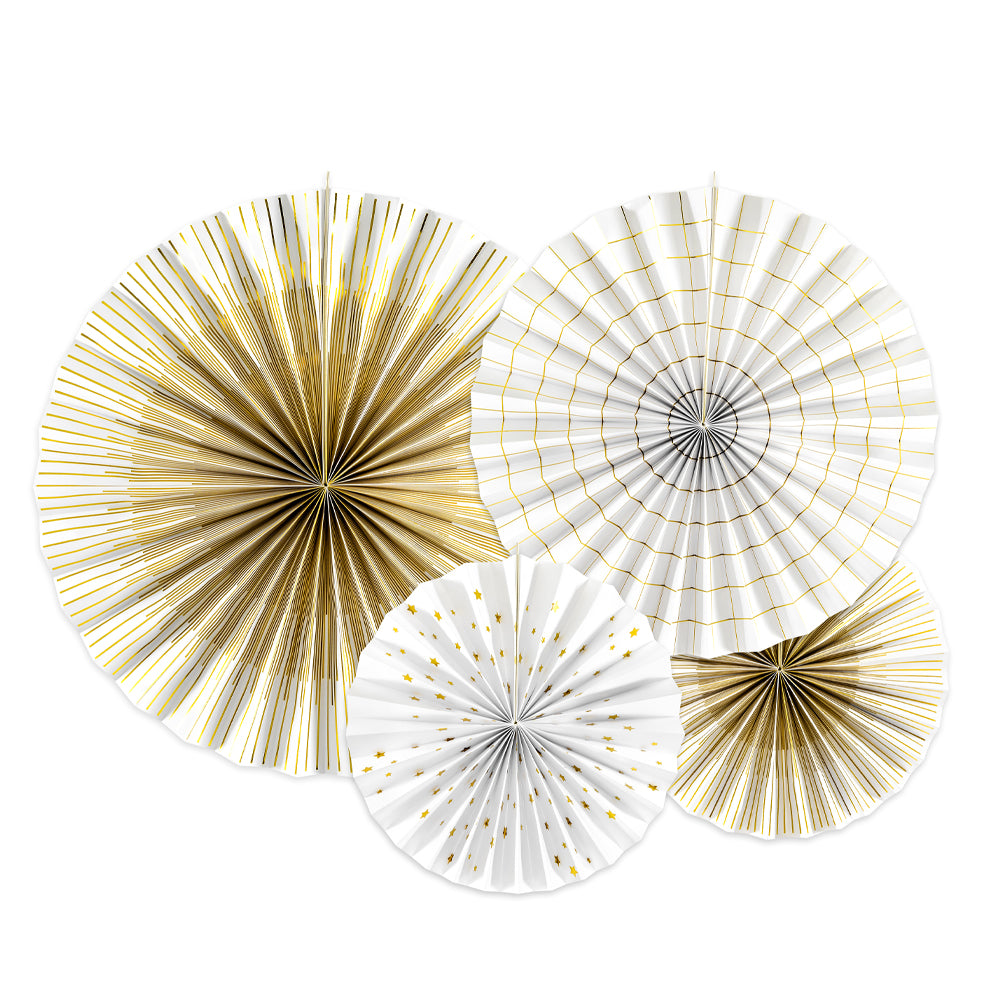 Gold & White Paper Fan Decorations - Pack of 5 – Party Packs
