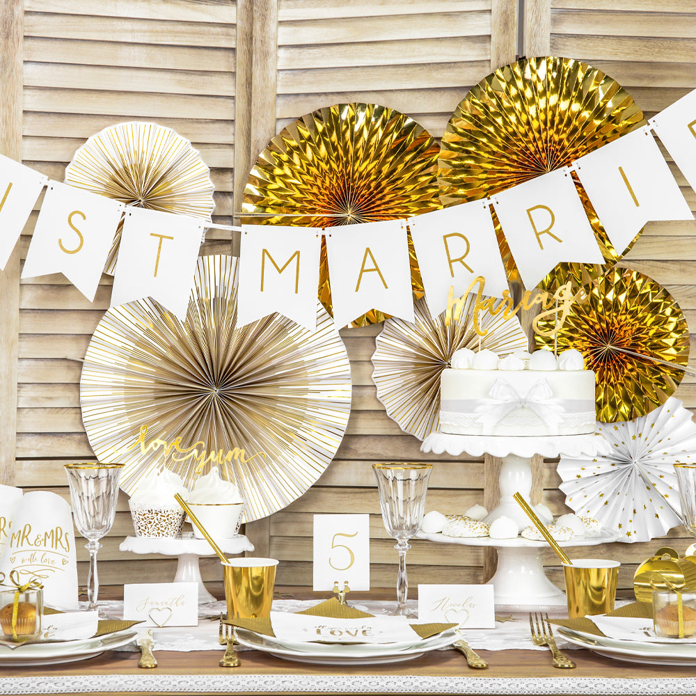 Gold & White Paper Fan Decorations - Pack of 5 – Party Packs