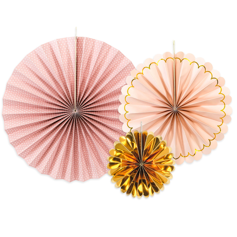 Dusty Rose & Gold Paper Fan Decorations Pack of 3 | Party Packs