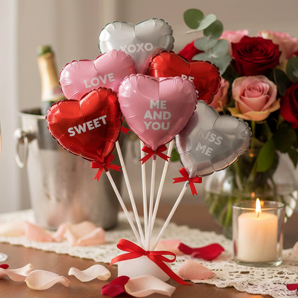 Customisable Small Heart Foil Balloons on Sticks with Stickers Pack of ...