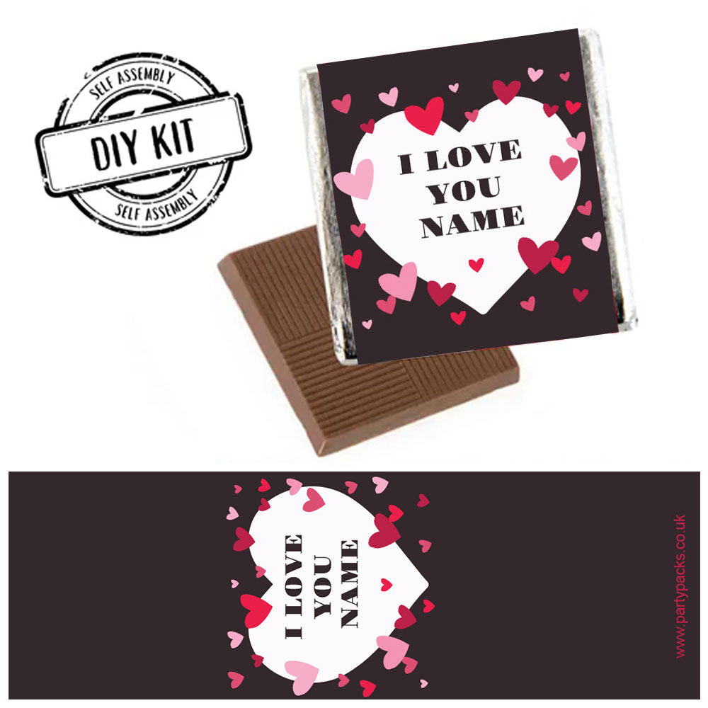 I Love You Hearts Personalised Square Chocolates - Pack of 16 | Party Packs