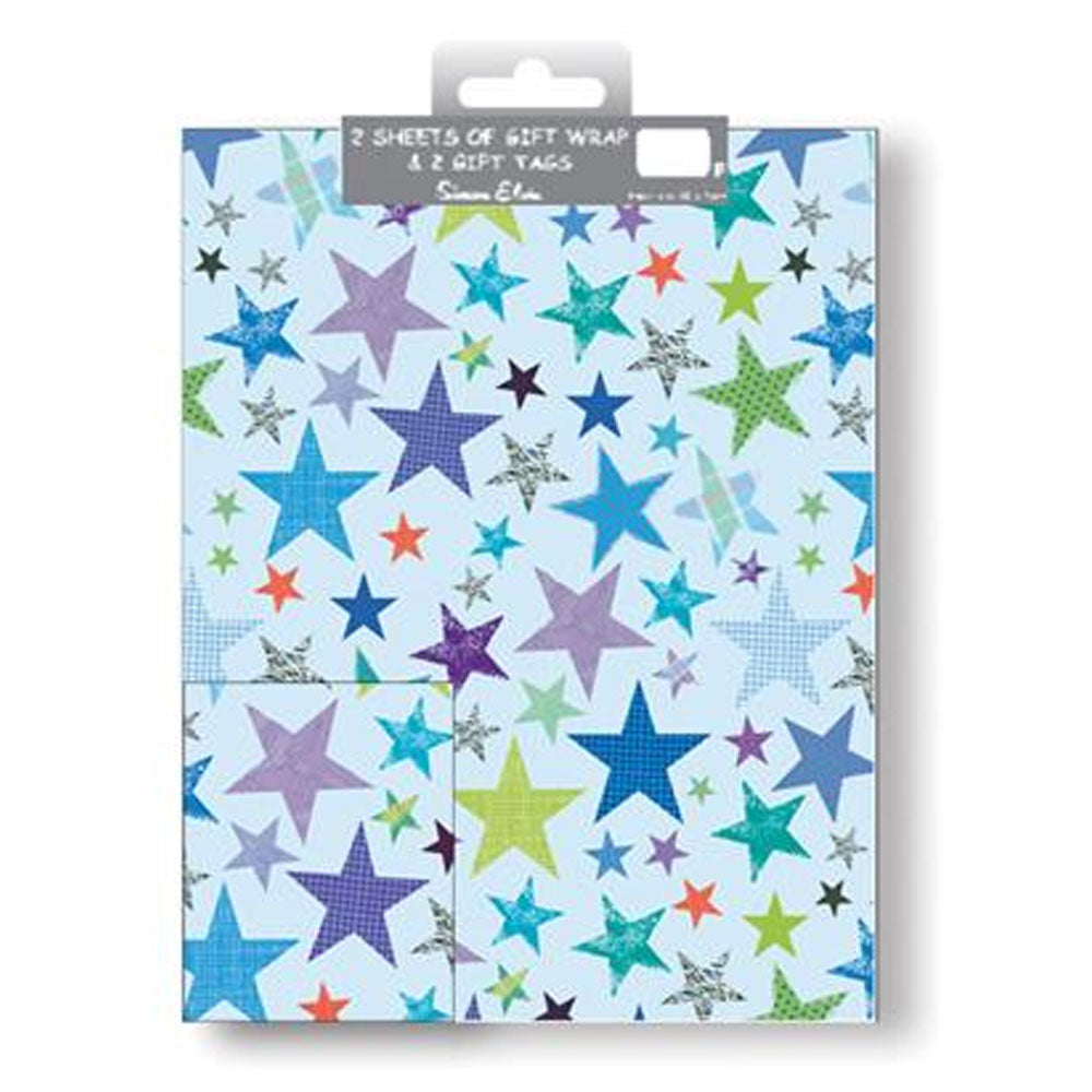 Blue Stars Wrapping Paper With Gift Tags | Party Packs