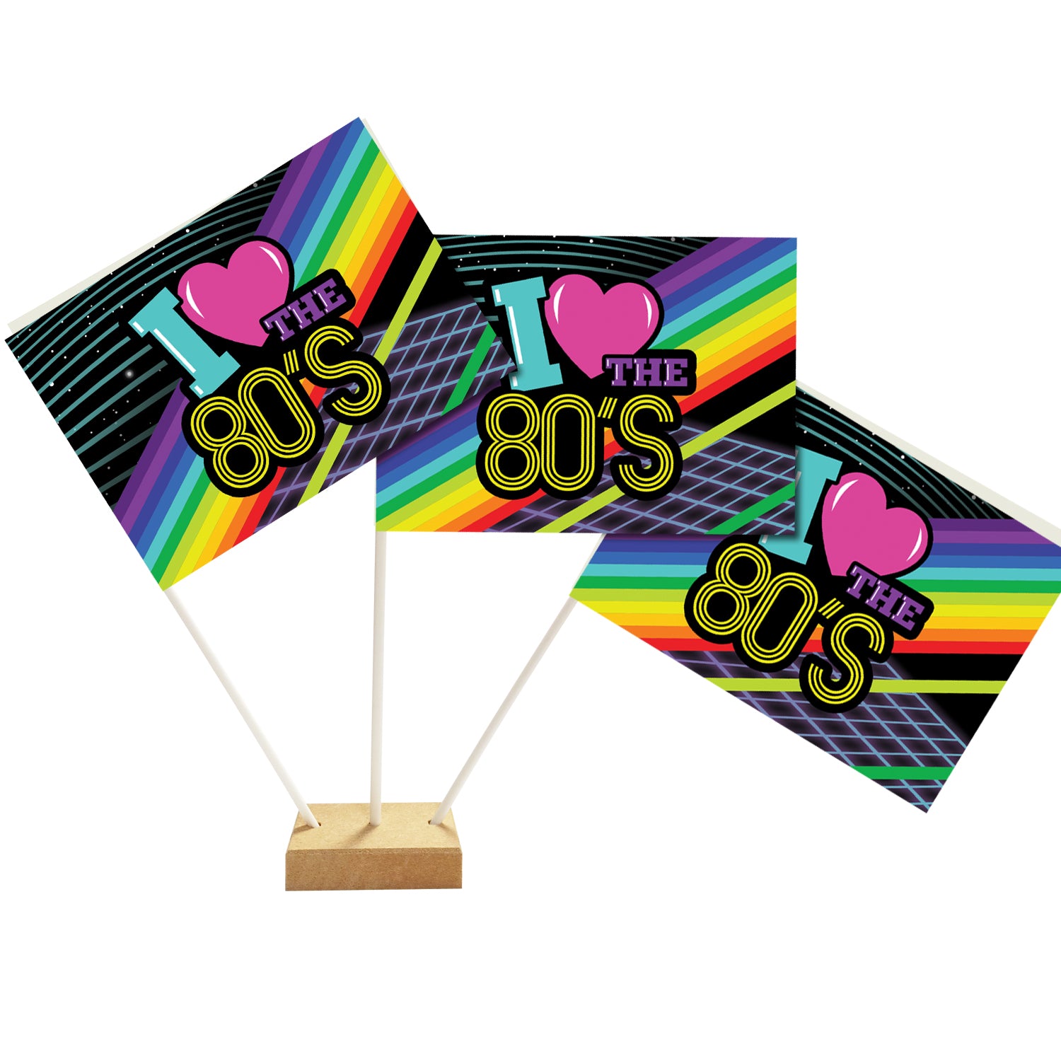 I Love the 80's Paper Table Flags - 15cm on 30cm Pole - Each – Party Packs