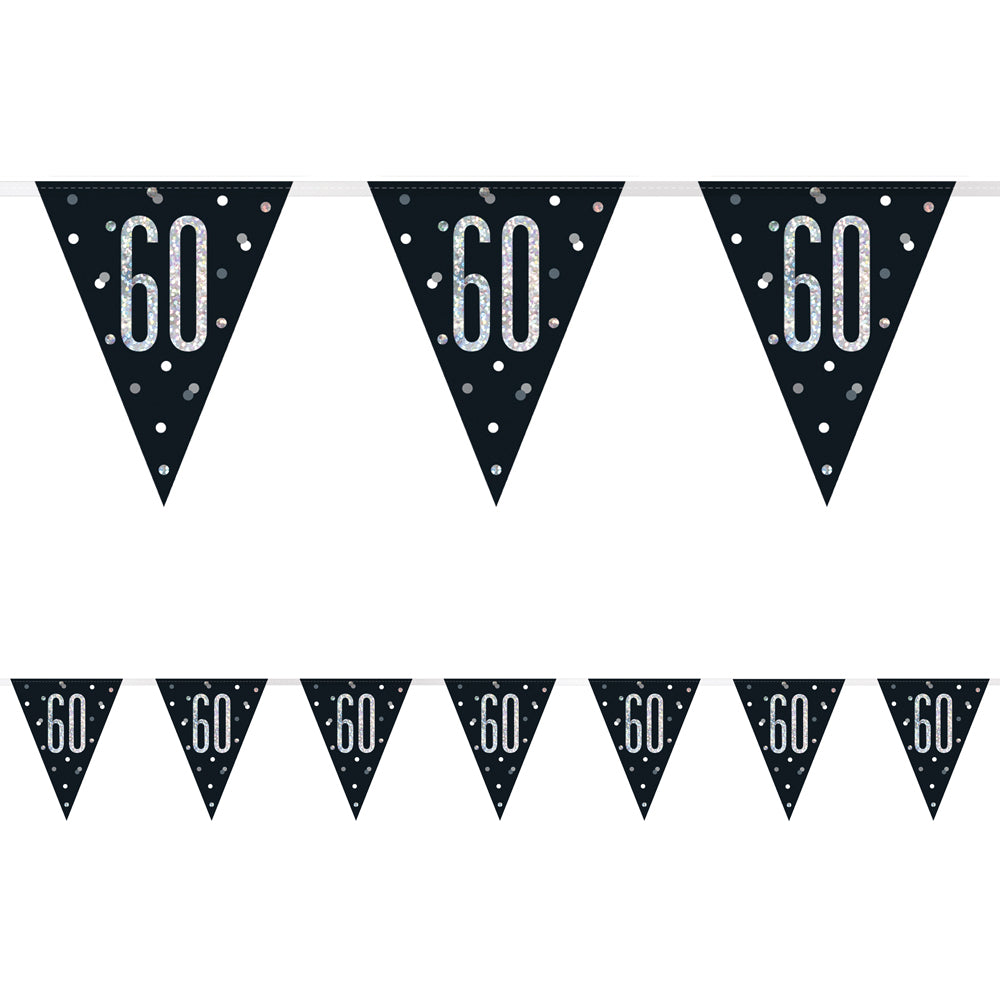 Birthday Glitz Black & Silver 60th Flag Bunting | Party Packs