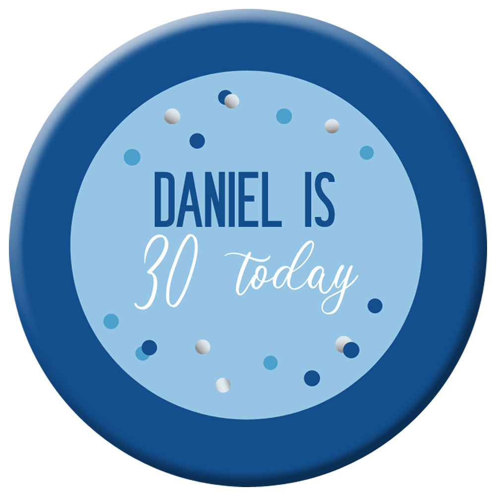 Personalised Glitz Blue Badge - 58mm – Party Packs