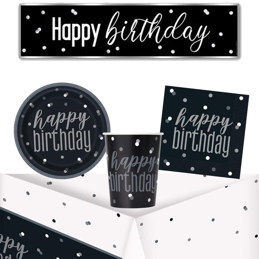 Black & Silver Birthday Glitz Tableware Pack for 8 with FREE Banner ...