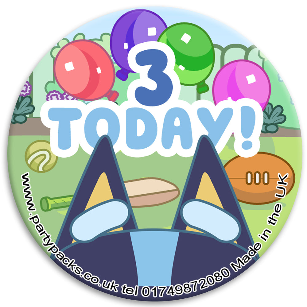 Personalised Blue Dog Party Badge - Add Your Age - 58mm – Party Packs