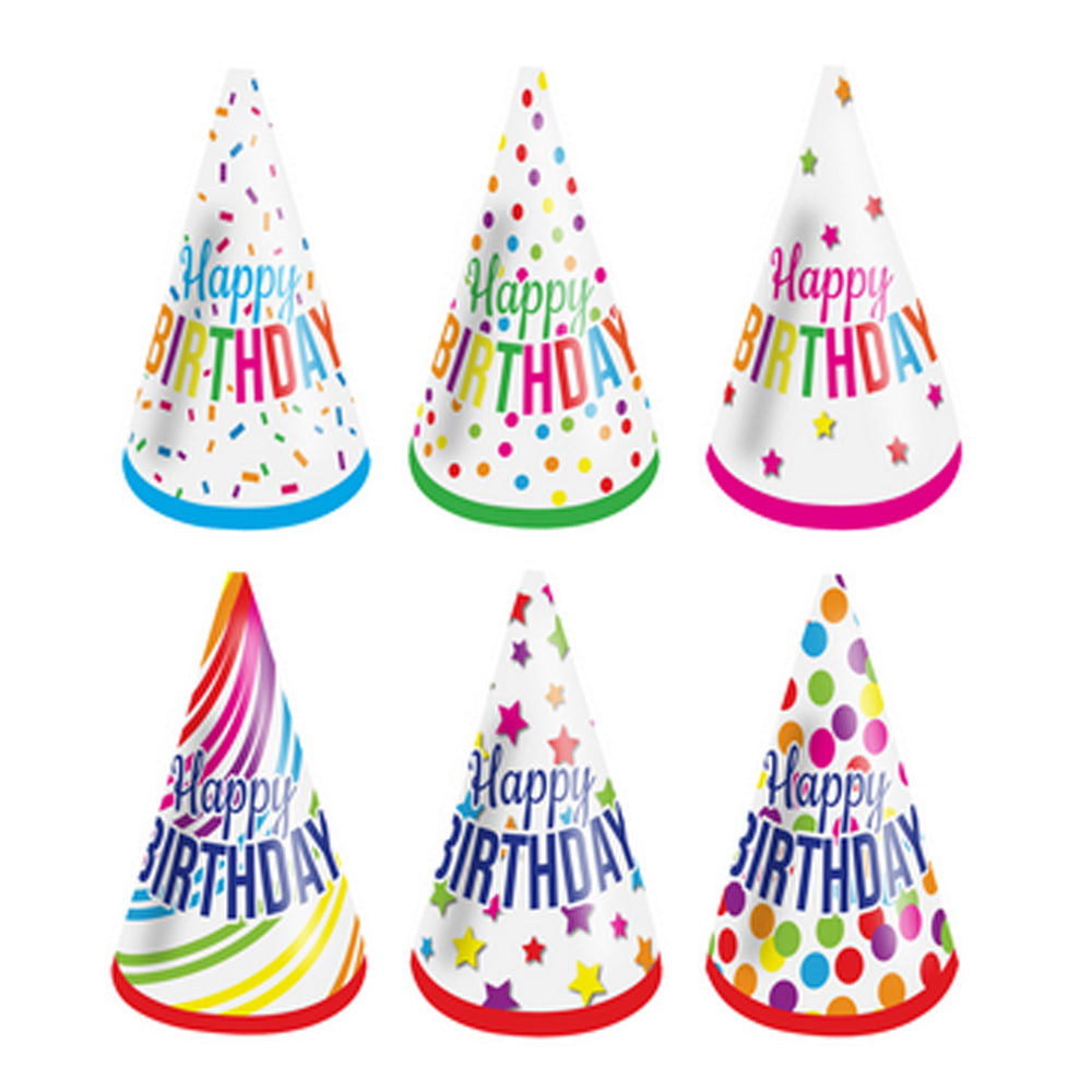 Happy Birthday Party Cone Hats - 6 Assorted Designs - Each – Party Packs
