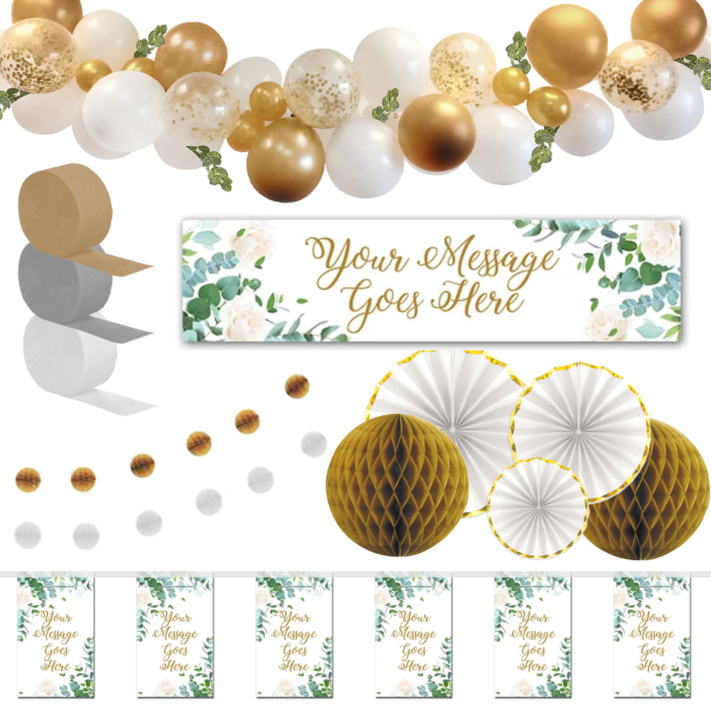 Personalised White and Gold Botanical Decoration Party Pack – Party Packs