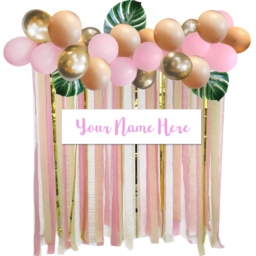 Personalised Pink & Gold Jungle Balloon Garland & Backdrop Kit – Party ...