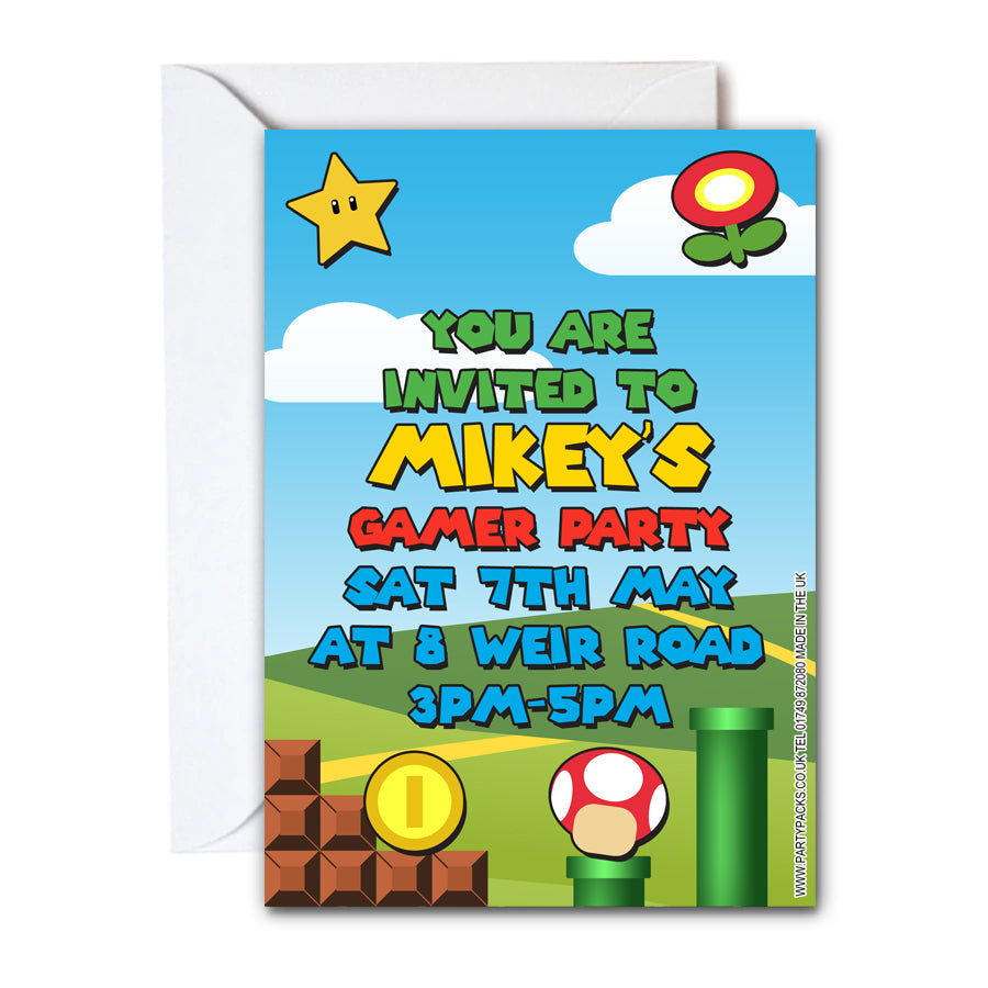 Personalised Super Plumber Bros Invitations - Pack of 16 – Party Packs